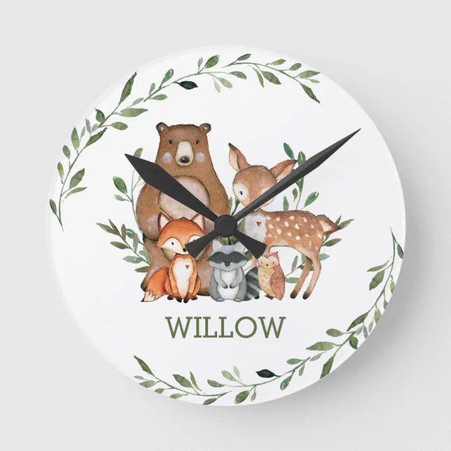 Chic Whimsical Woodland Animals Bear Deer Fox Owl Round Clock | Zazzle