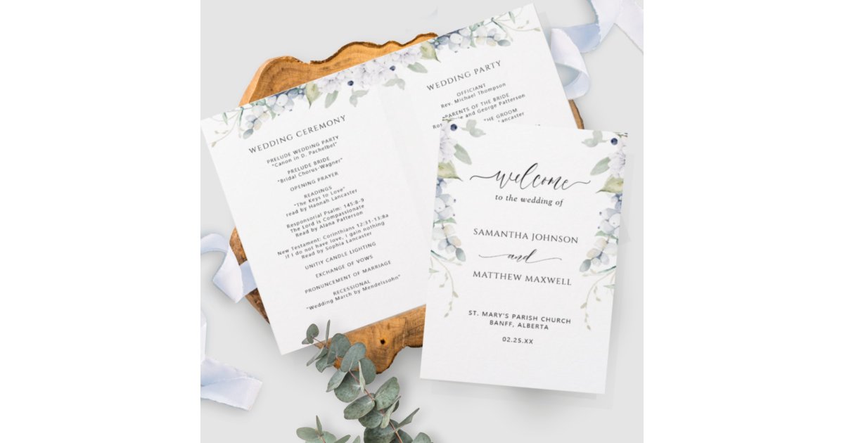 Chic White and Blue Floral Folded Wedding Program | Zazzle