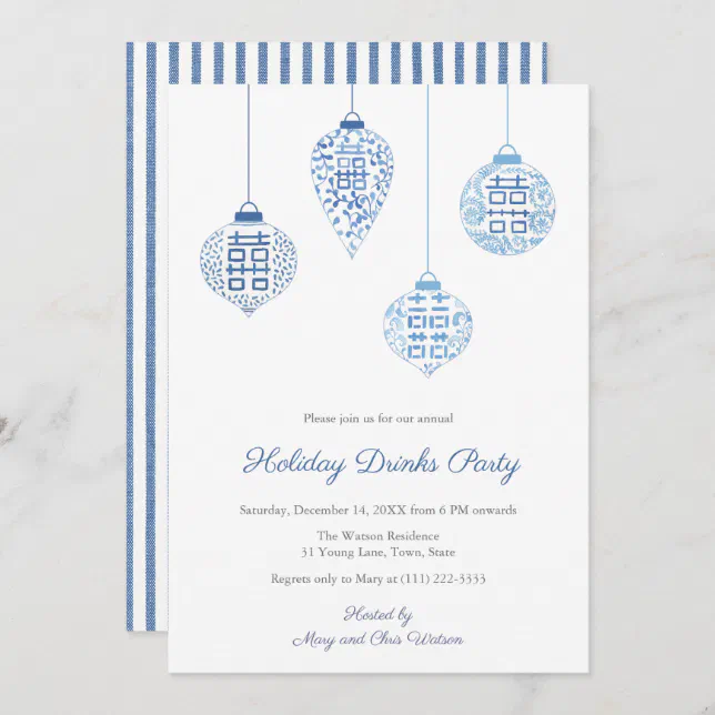 Chic White And Blue Holiday Ornaments Drinks Party Invitation | Zazzle