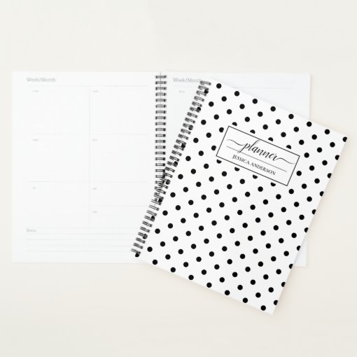 Chic White Black Polka Dots Pattern Planner | Zazzle