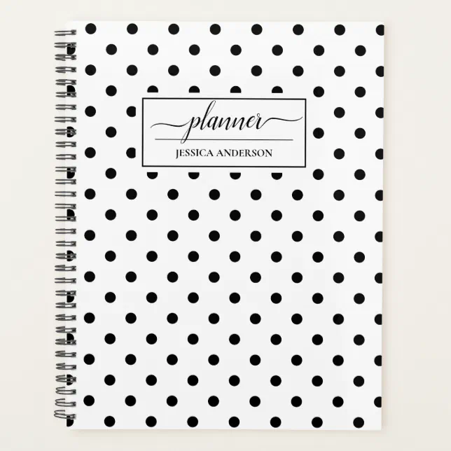 Chic White Black Polka Dots Pattern Planner | Zazzle