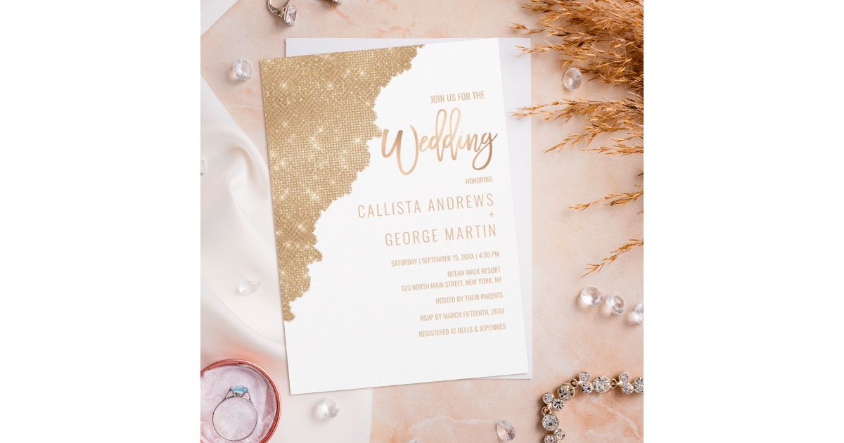 Chic White Gold Glitter Color Block Wedding Invitation | Zazzle
