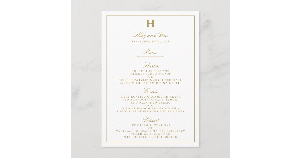 Chic White & Gold Wedding Menu Template | Zazzle