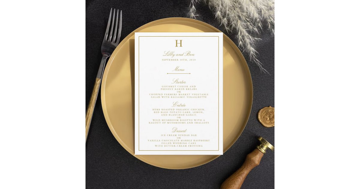 Chic White & Gold Wedding Menu Template | Zazzle
