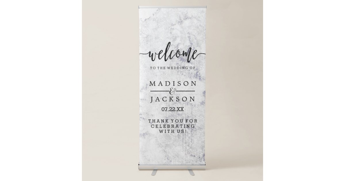 Chic White & Gray Marble Wedding Welcome Retractable Banner | Zazzle