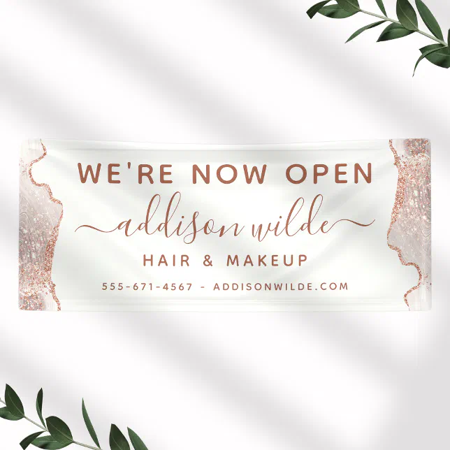 Chic White Marble Agate Rose Gold Business Banner | Zazzle