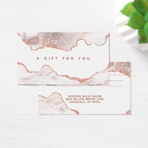 Chic White Marble Agate Rose Gold Gift Card | Zazzle