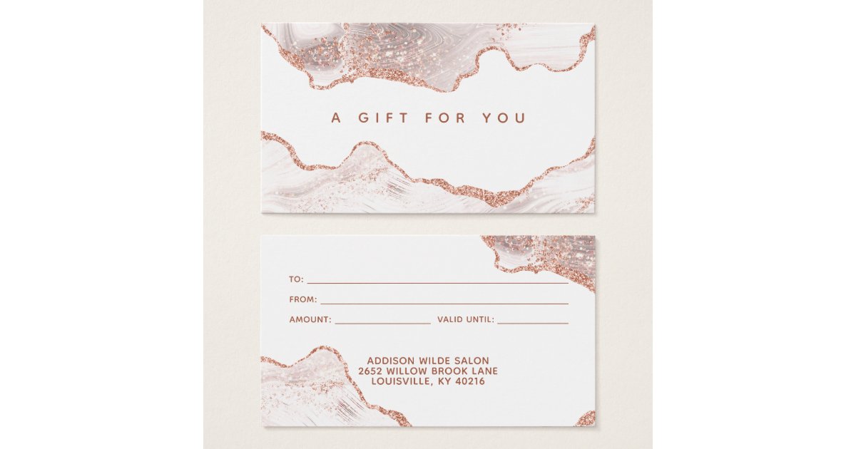 Chic White Marble Agate Rose Gold Gift Card | Zazzle