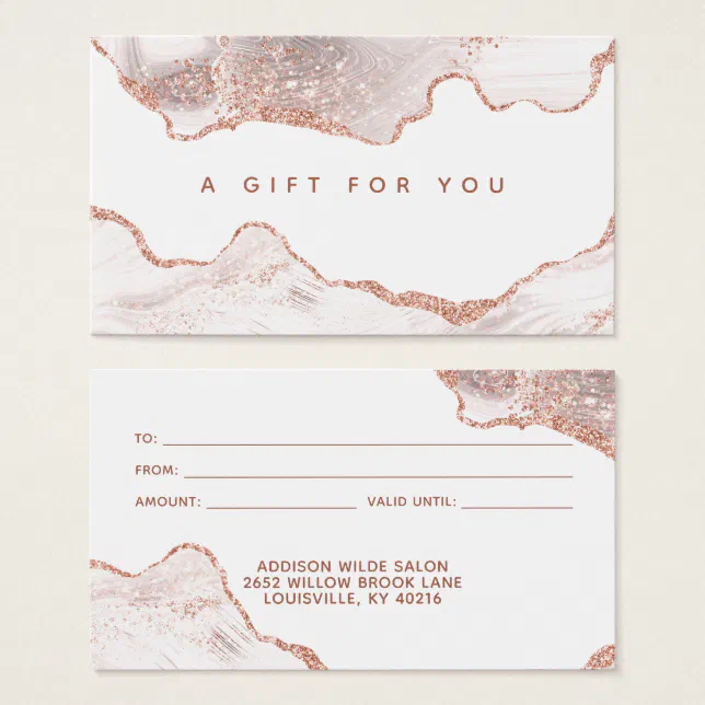 Chic White Marble Agate Rose Gold Gift Card | Zazzle