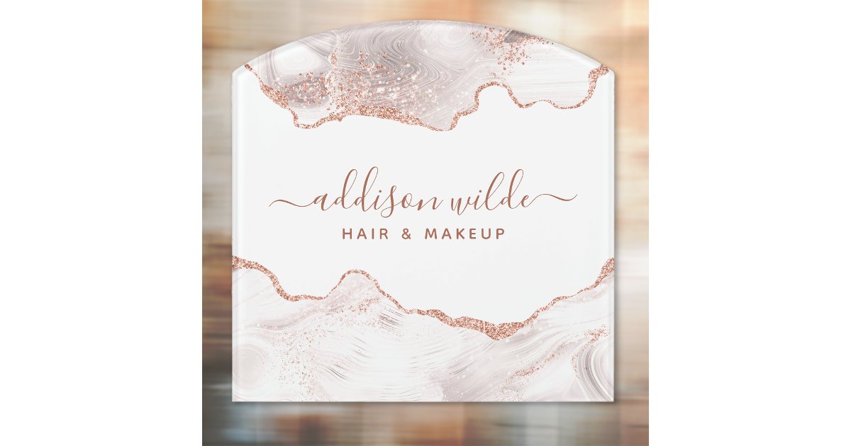 Chic White Marble Agate Rose Gold Glitter Door Sign | Zazzle