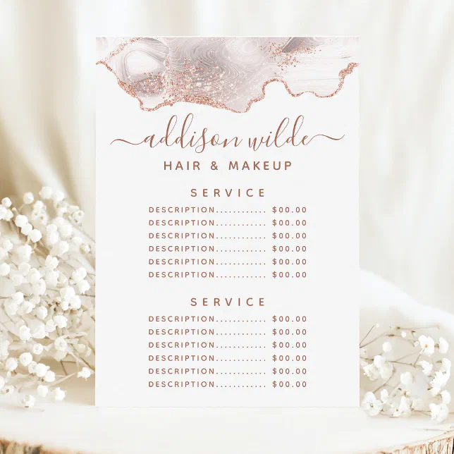 Chic White Marble Agate Rose Gold Service Price Menu | Zazzle