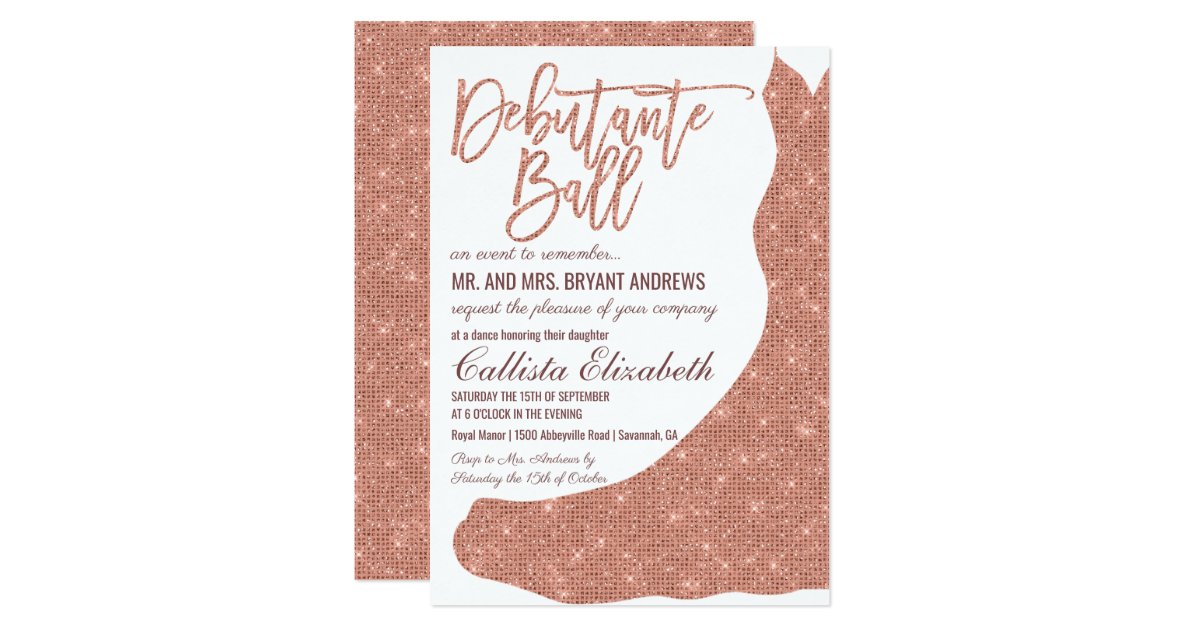 Chic White Rose Gold Glitter Dress Debutante Dance Invitation | Zazzle.com