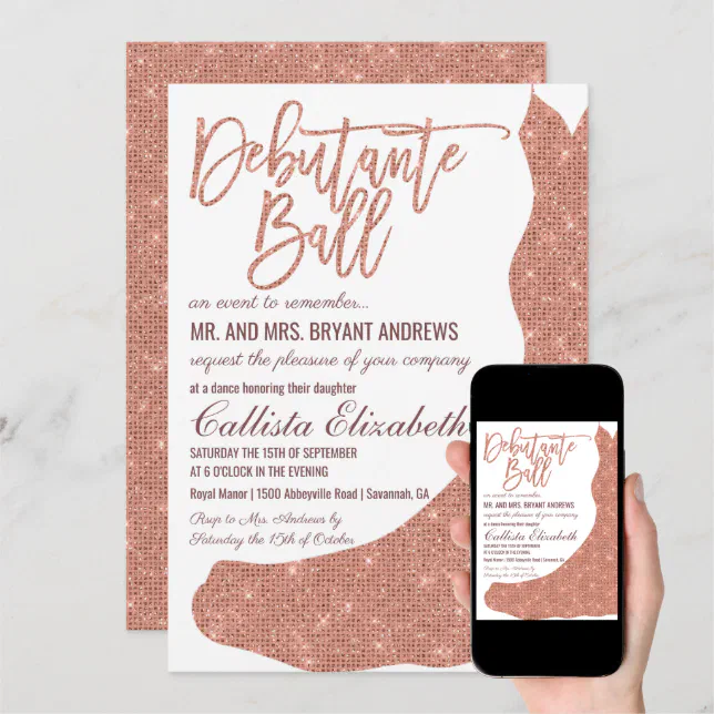 Chic White Rose Gold Glitter Dress Debutante Dance Invitation | Zazzle