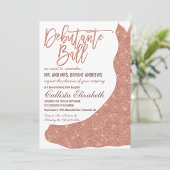 Chic White Rose Gold Glitter Dress Debutante Dance Invitation | Zazzle