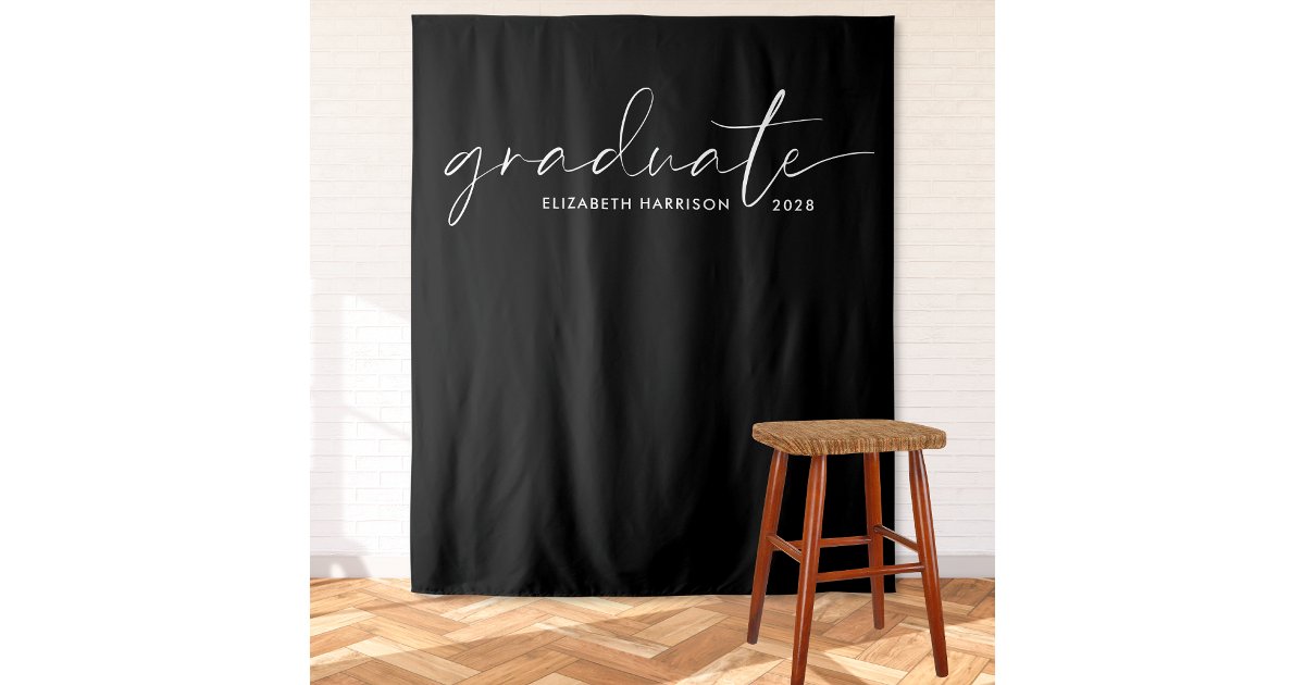 Chic White Script Black Graduation Backdrop | Zazzle