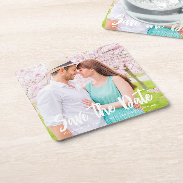 Chic White Script Engagement Photo Magnetic Card Square Paper Coaster | Zazzle