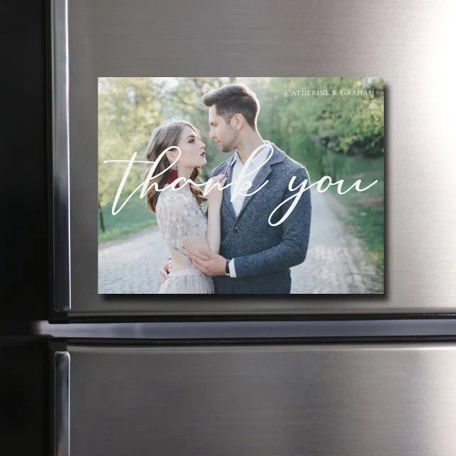 Chic White Script Wedding Photo Thank You Magnet | Zazzle