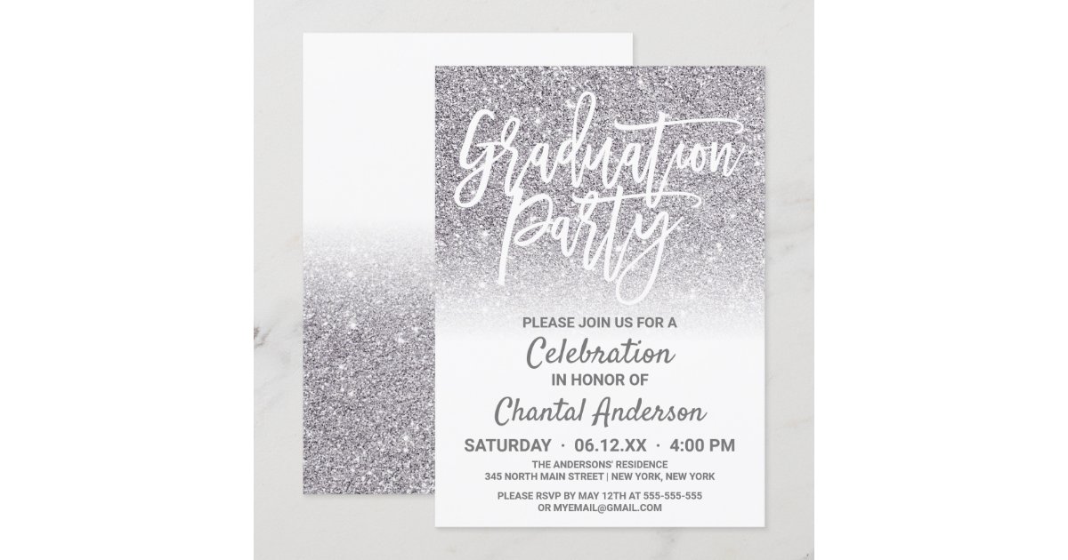 Chic White Silver Faux Glitter Ombre Graduation Invitation | Zazzle