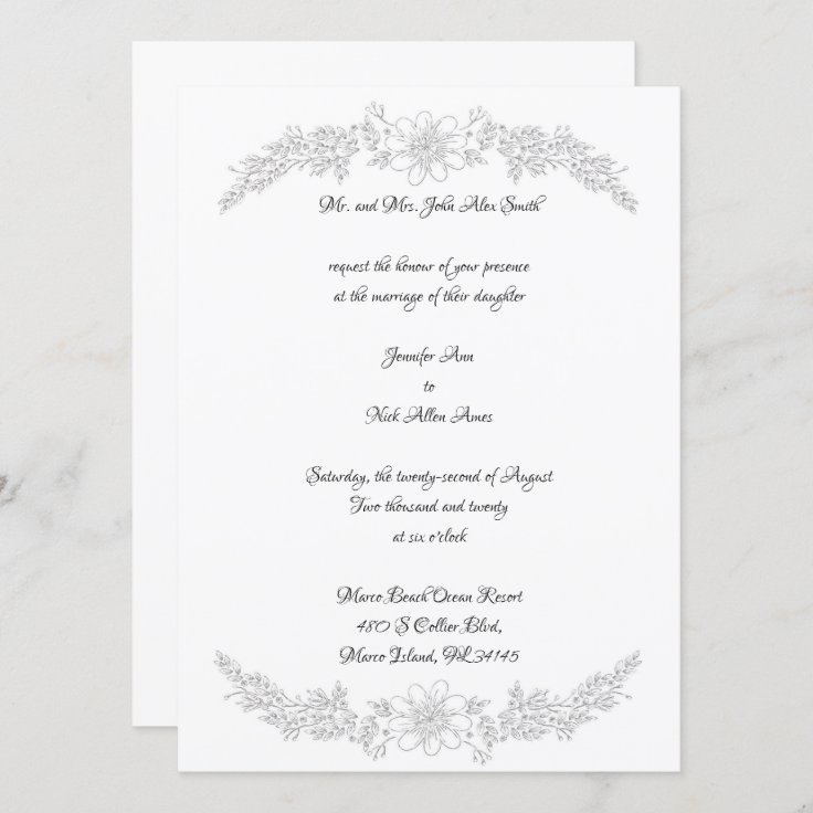 Chic White Silver Foil Floral Wedding Invitation | Zazzle