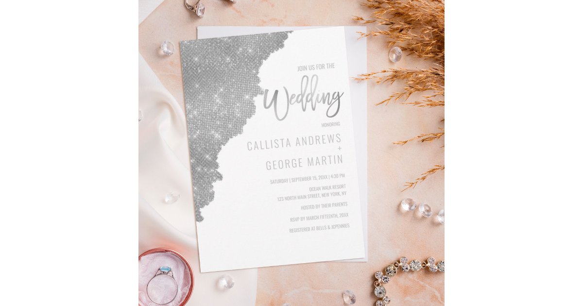 Chic White Silver Glitter Color Block Wedding Invitation | Zazzle