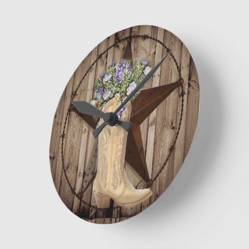 Chic Wildflower Texas Star Western country cowgirl Round Clock | Zazzle