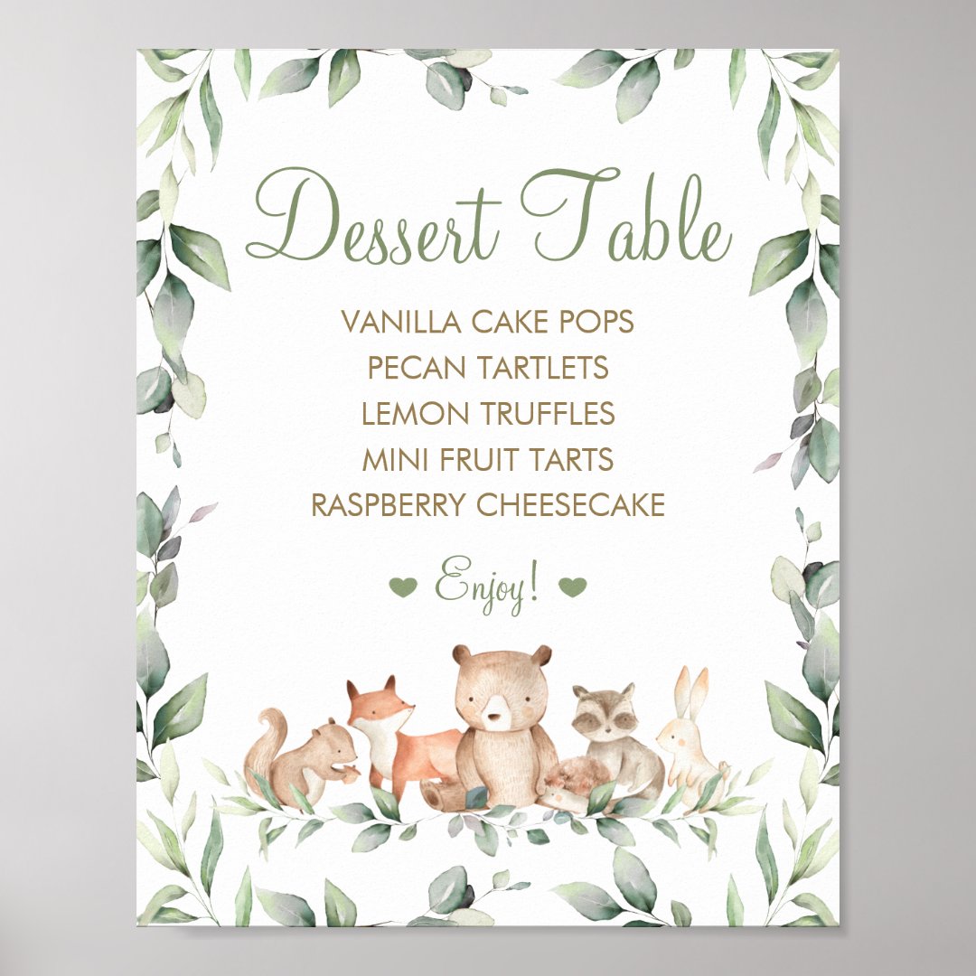 Chic Woodland Animals Greenery Dessert Table Menu Poster | Zazzle