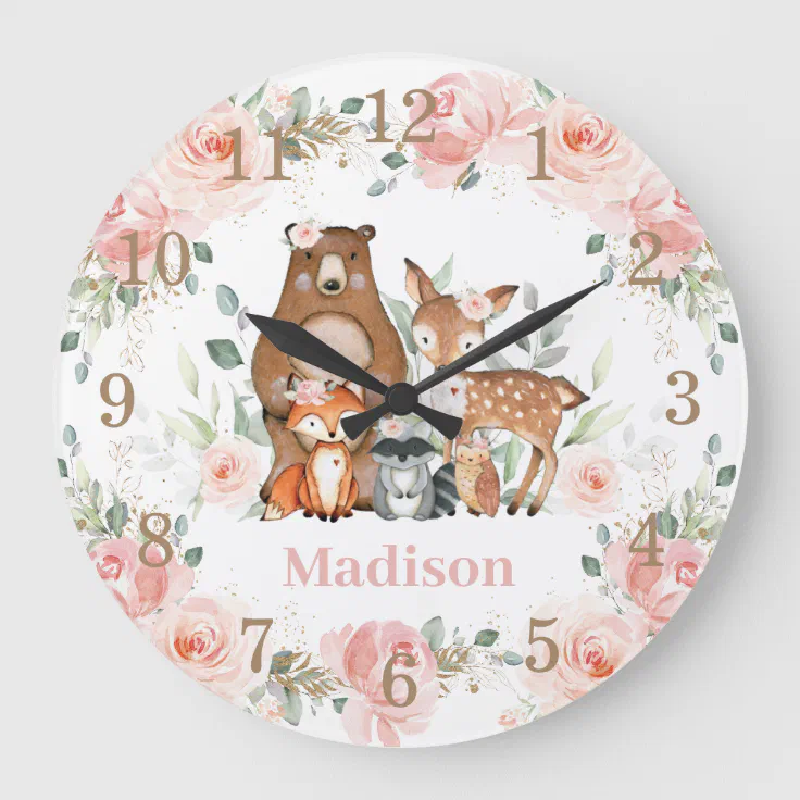 Chic Woodland Animals Pastel Blush Floral Gold Large Clock | Zazzle