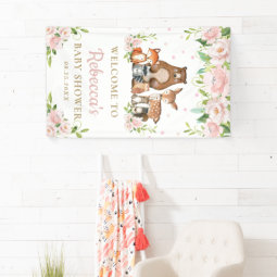 Chic Woodland Animals Pink Floral Backdrop Welcome Banner | Zazzle