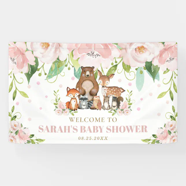 Chic Woodland Animals Pink Floral Backdrop Welcome Banner | Zazzle