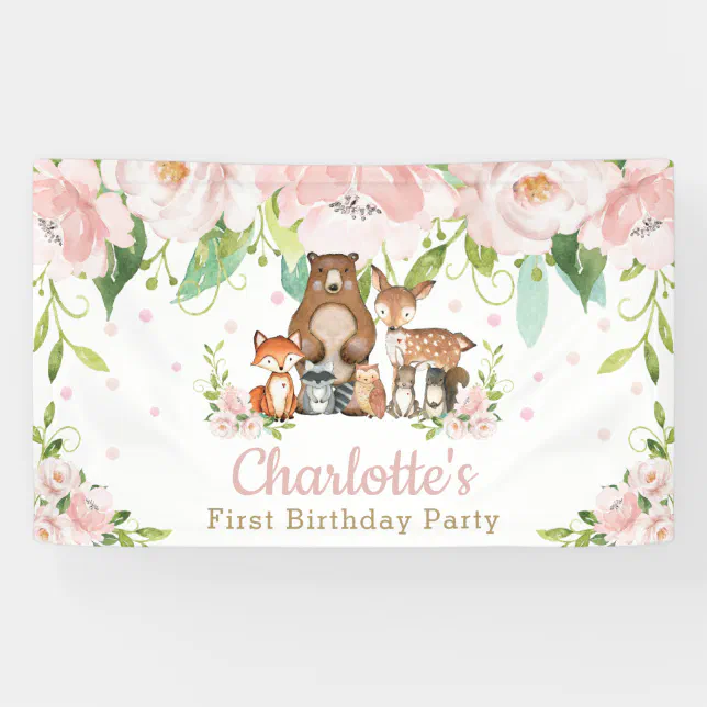 Chic Woodland Animals Pink Floral Backdrop Welcome Banner | Zazzle