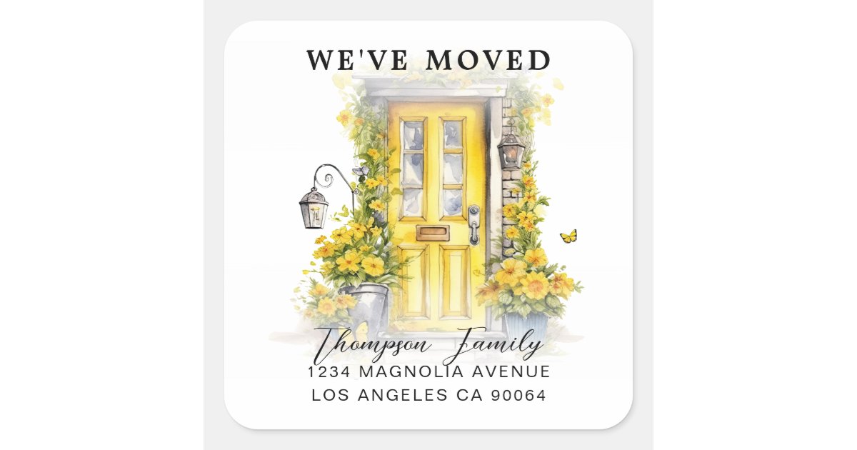 Chic Yellow Floral Door We've Moved Moving Square Sticker | Zazzle