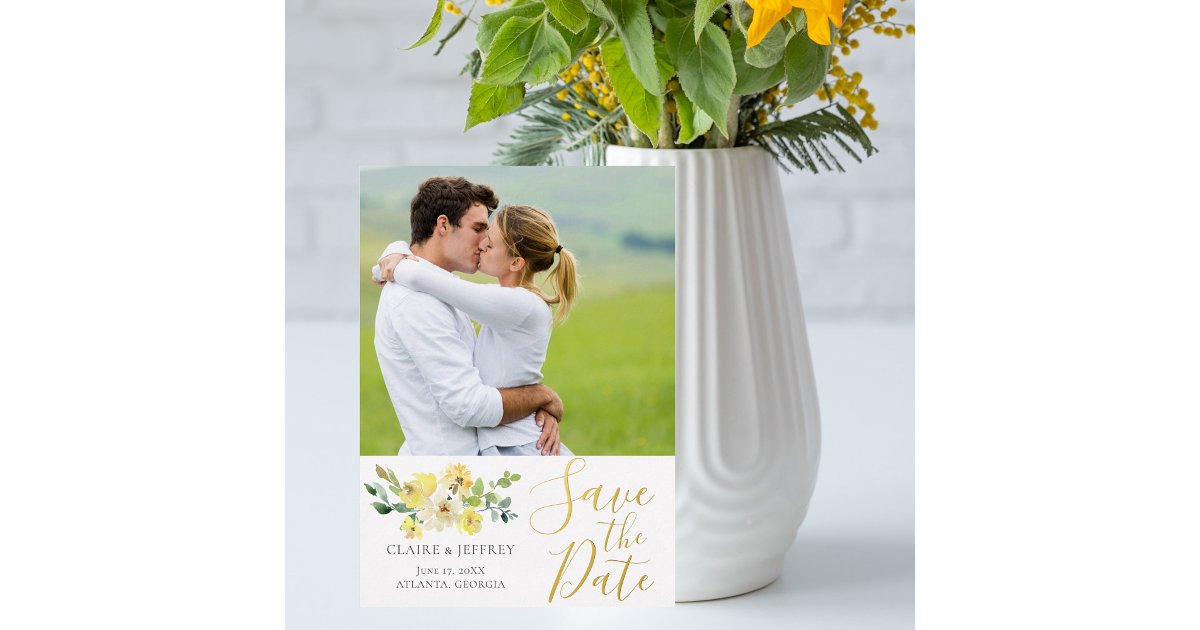 Chic Yellow Floral Photo Summer Save The Date Gold Foil Invitation | Zazzle
