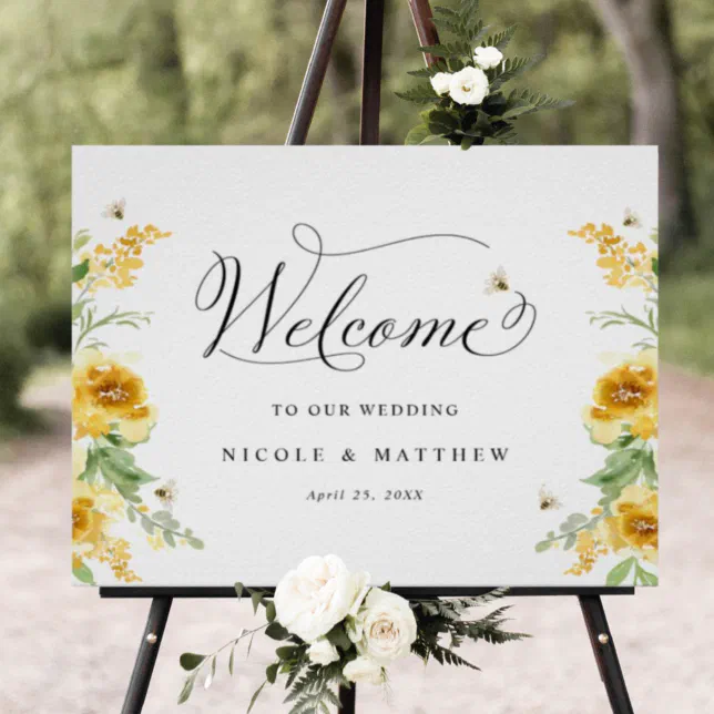 Chic Yellow Floral with Bees, Wedding Welcome Sign | Zazzle