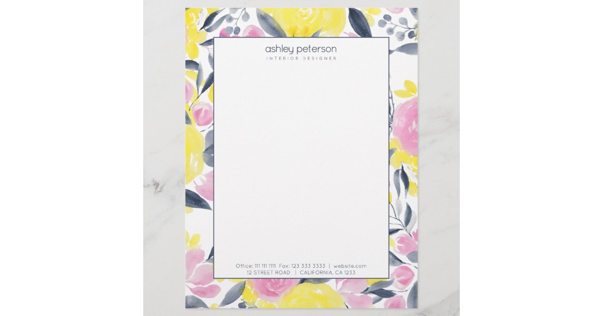 Chic yellow pink indigo blue floral watercolor letterhead | Zazzle