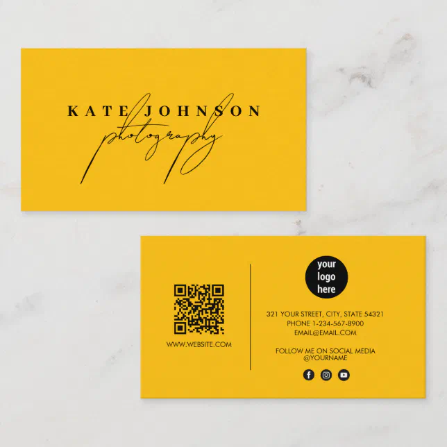 Chic Yellow Signature Script QR Code Social Media Business Card | Zazzle