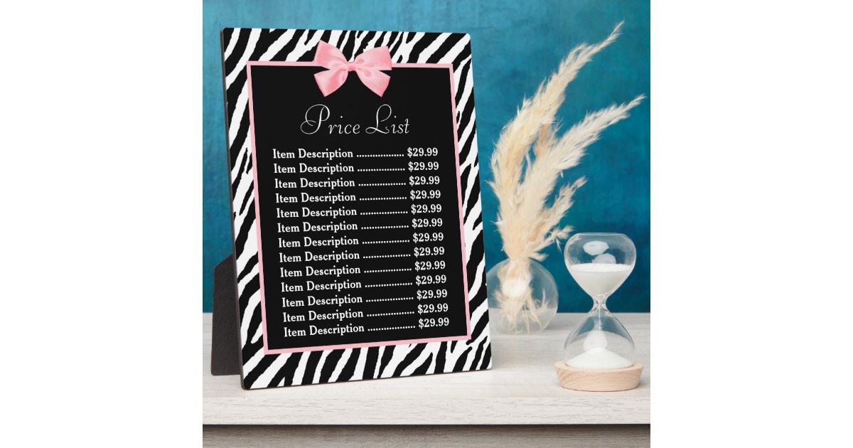 Chic Zebra Print Light True Pink Ribbon Price List Plaque | Zazzle