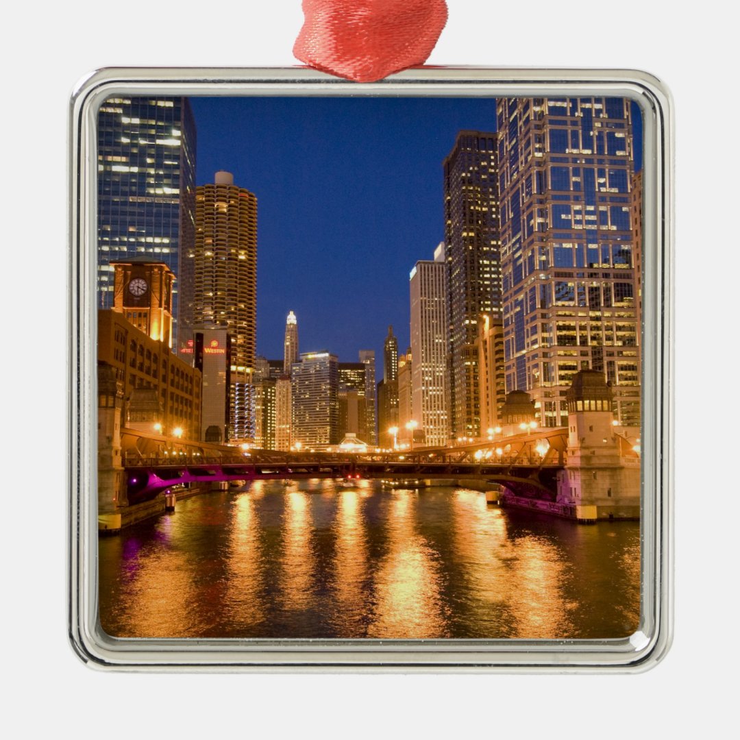 Chicago, Illinois, Skyline and Chicago River at Metal Ornament | Zazzle