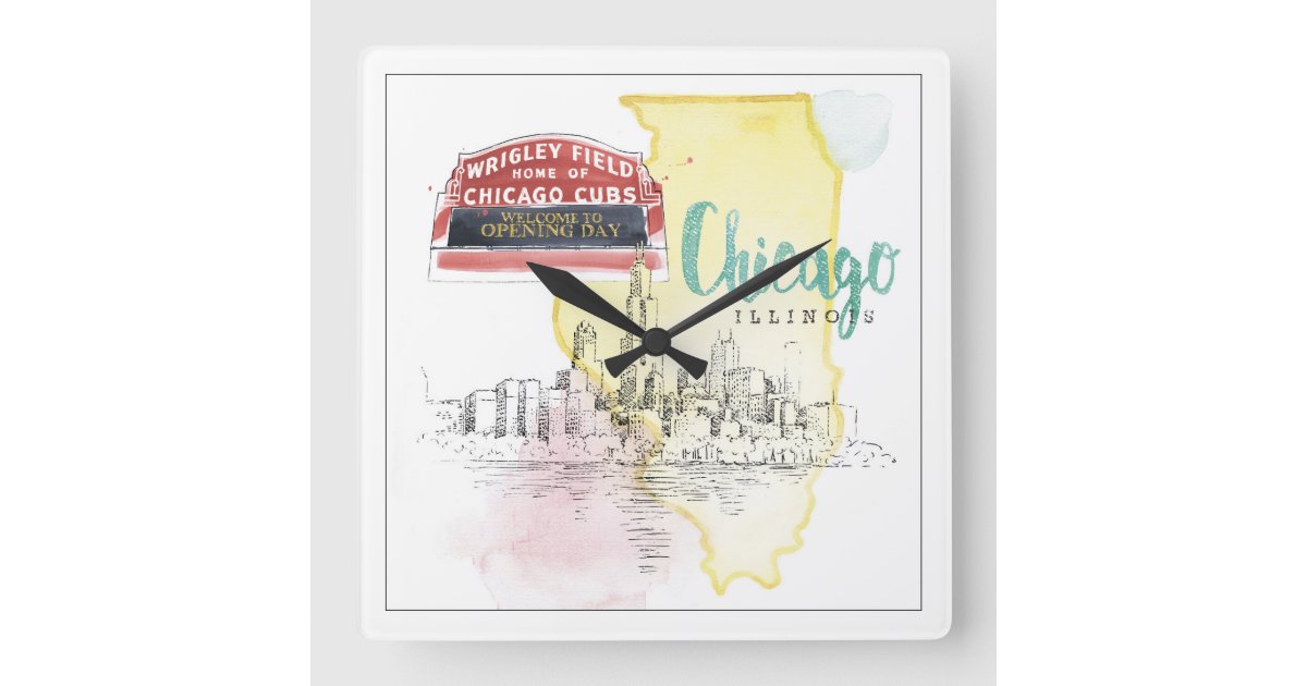 Chicago, Illinois | Watercolor Sketch Square Wall Clock | Zazzle