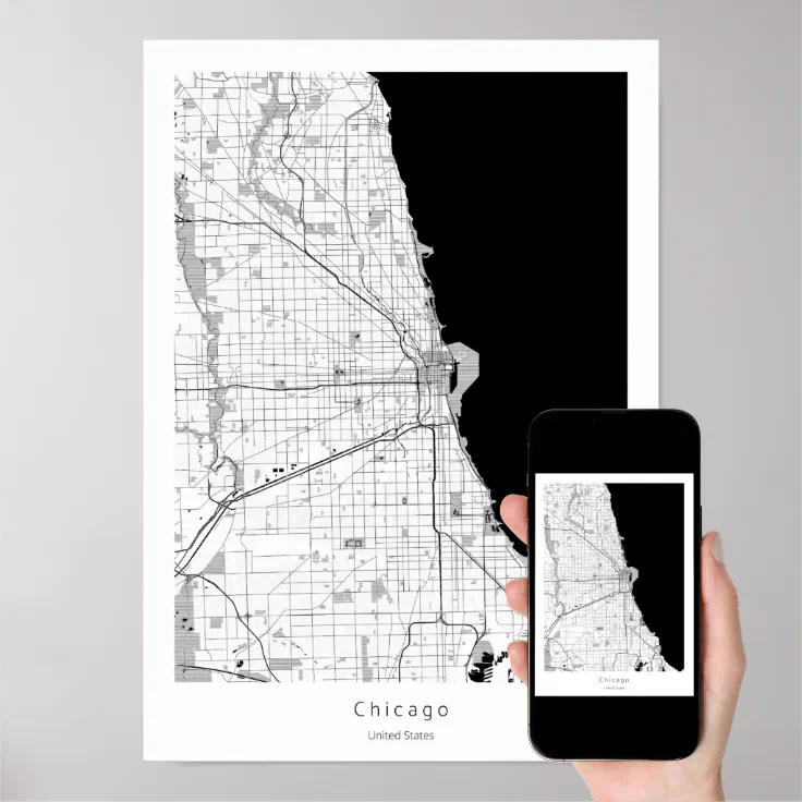 Chicago Modern Minimal Black and White Line Map Poster | Zazzle
