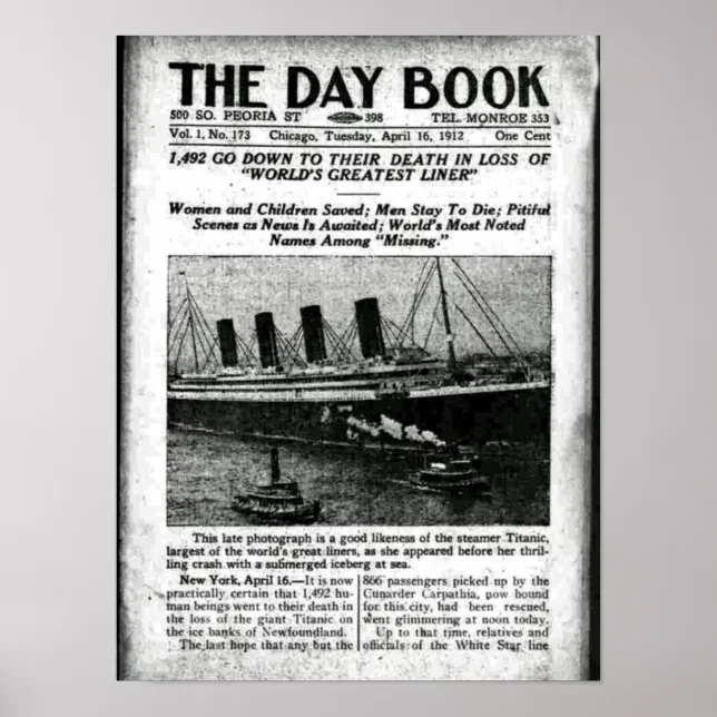 Chicago Newspaper April 16 1912 Titanic Poster | Zazzle