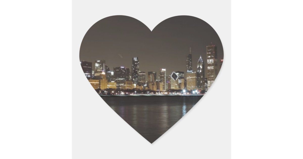 Chicago Skyline at Night Heart Sticker | Zazzle