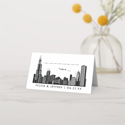 Chicago Skyline Black Art Deco Wedding Monogram Place Card | Zazzle