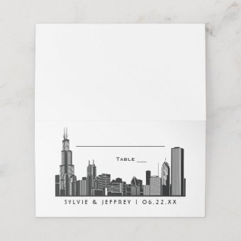 Chicago Skyline Black Art Deco Wedding Monogram Place Card | Zazzle