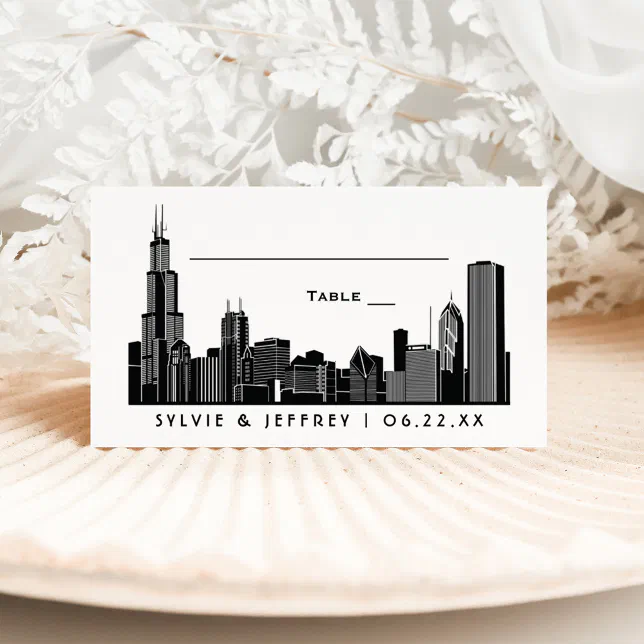 Chicago Skyline Black Art Deco Wedding Monogram Place Card | Zazzle