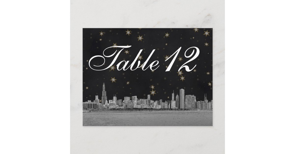 Chicago Skyline Black Gold Star Table Number | Zazzle