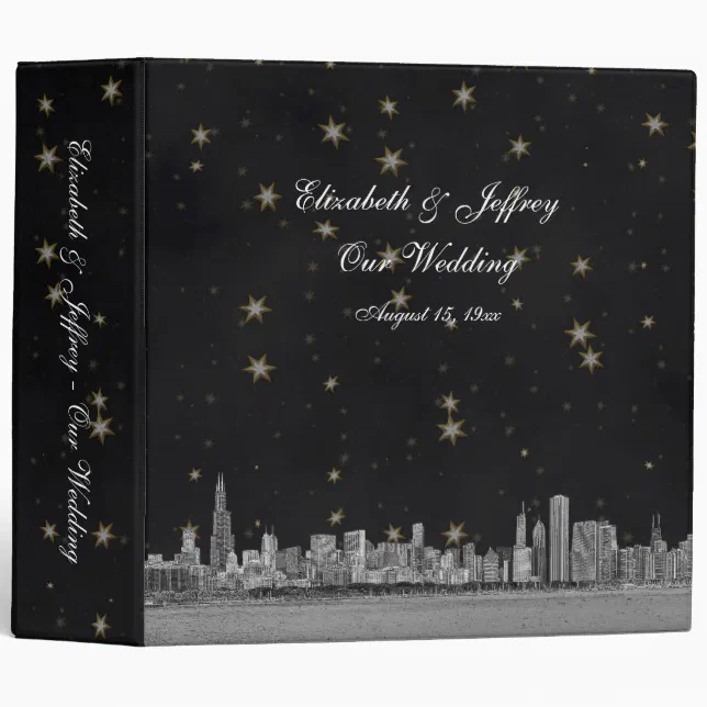 Chicago Skyline Black Gold Star Wedding Binder | Zazzle