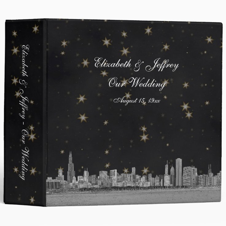 Chicago Skyline Black Gold Star Wedding Binder | Zazzle