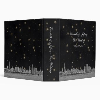 Chicago Skyline Black Gold Star Wedding Binder | Zazzle