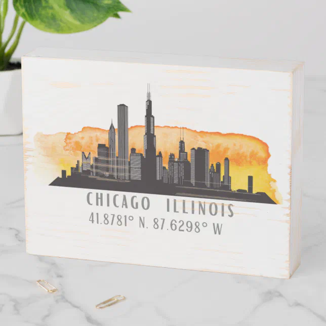 Chicago Skyline Latitude & Longitude Wooden Box Sign | Zazzle