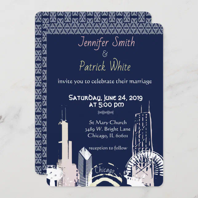 Chicago Skyline Navy blue lace elegant Invitation | Zazzle